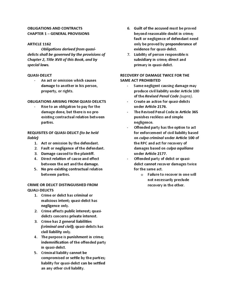 OBLICON REVIEWER Article 1162 | PDF | Negligence | Crime & Violence