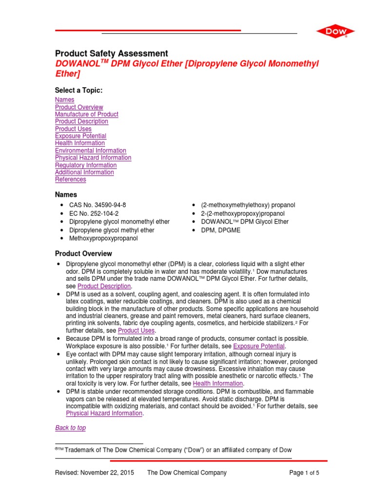 DOWANOLTM DPM Glycol Ether | PDF | Paint | Methanol