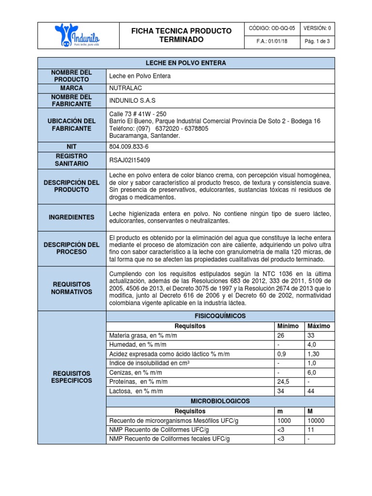 F.T. Leche en Polvo Entera Nutralac PDF | PDF | Leche en polvo | Leche