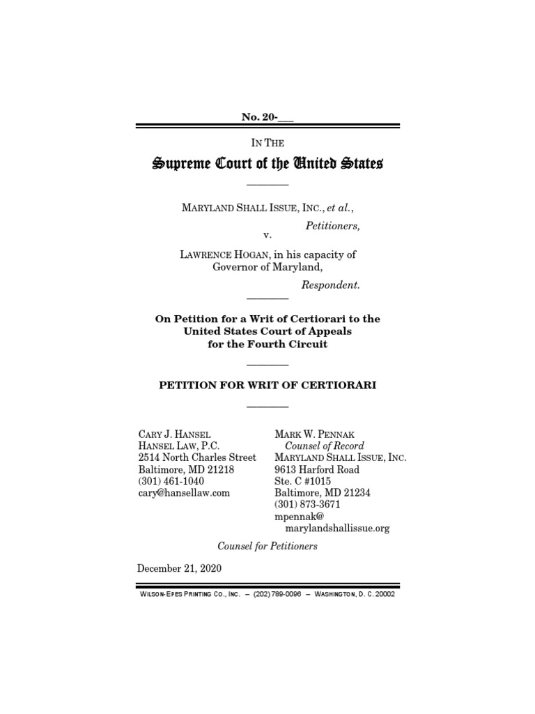 Petition For Writ of Certiorari, Maryland Shall Issue, Inc. v. Hogan ...