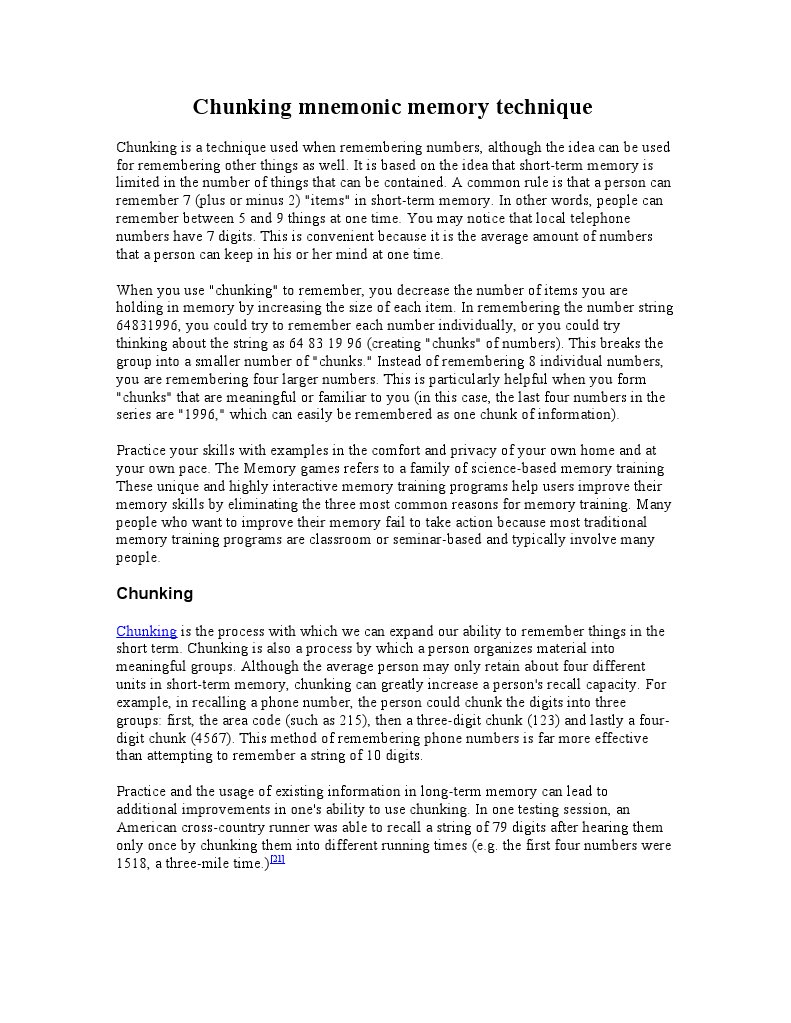 Chunking Mnemonic Memory Technique | PDF | Memory | Neuroscience