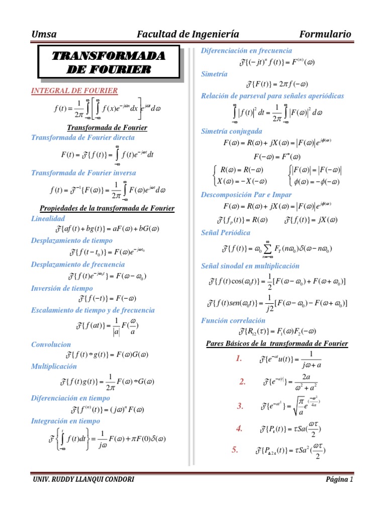 Formulario Transformada de Fourier y Laplace PDF | PDF | Transformada de Fourier | Teoría del ...