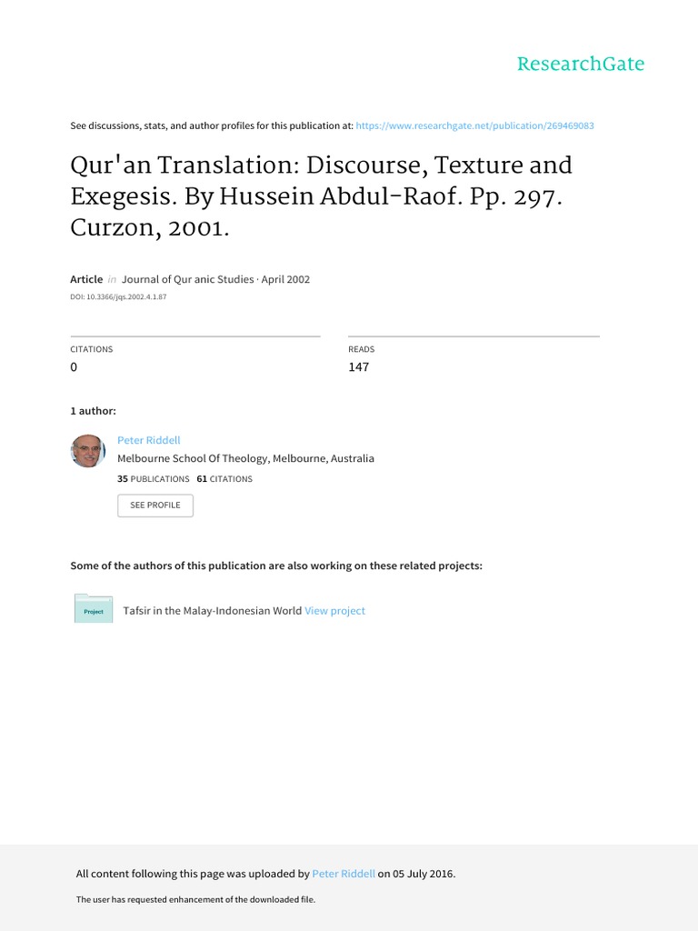 Qur'an Translation: Discourse, Texture and Exegesis. by Hussein Abdul ...