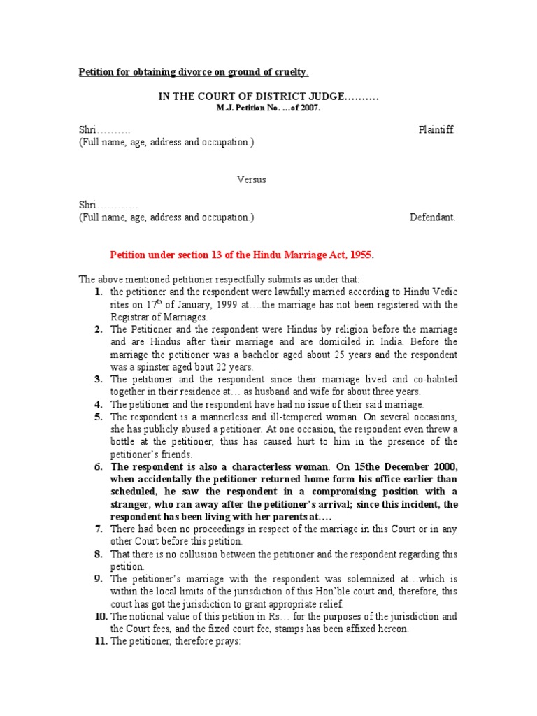 Petition For Obtaining Divorce On Ground of Cruelty. | PDF | Marriage ...