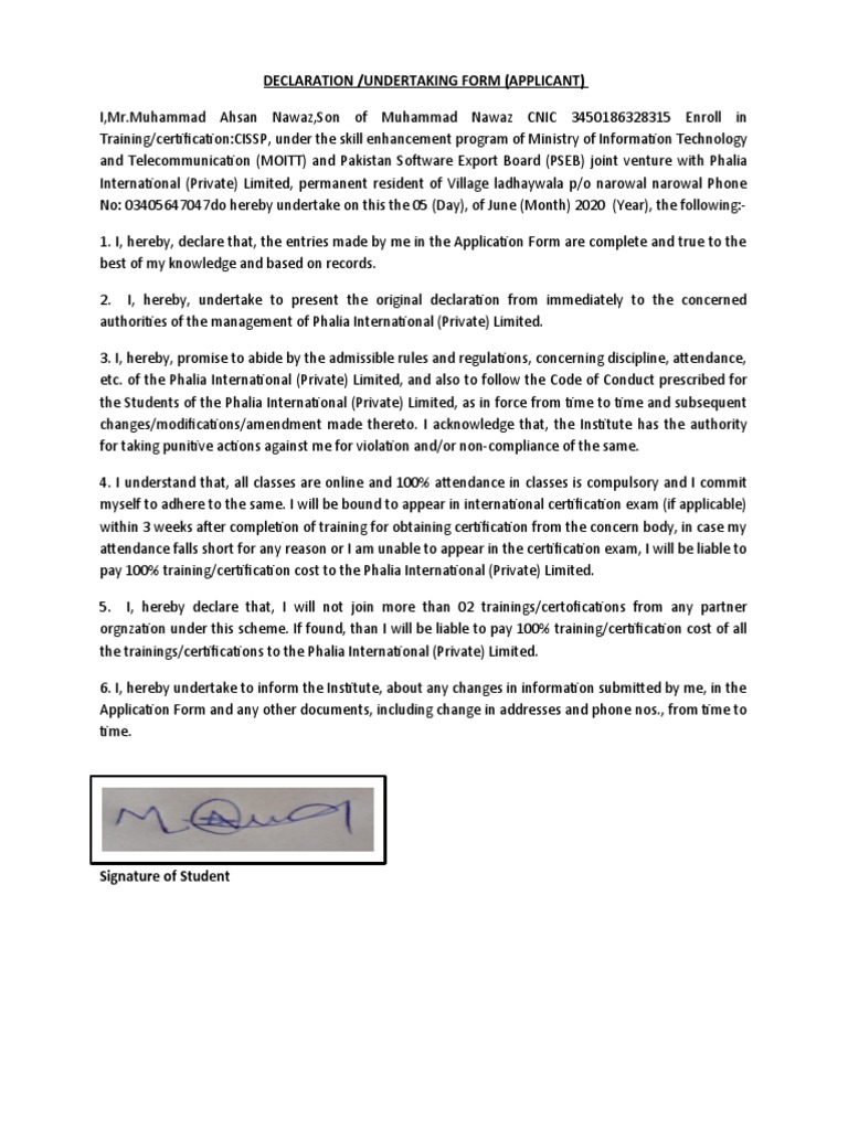 Declaration /undertaking Form (Applicant) | PDF