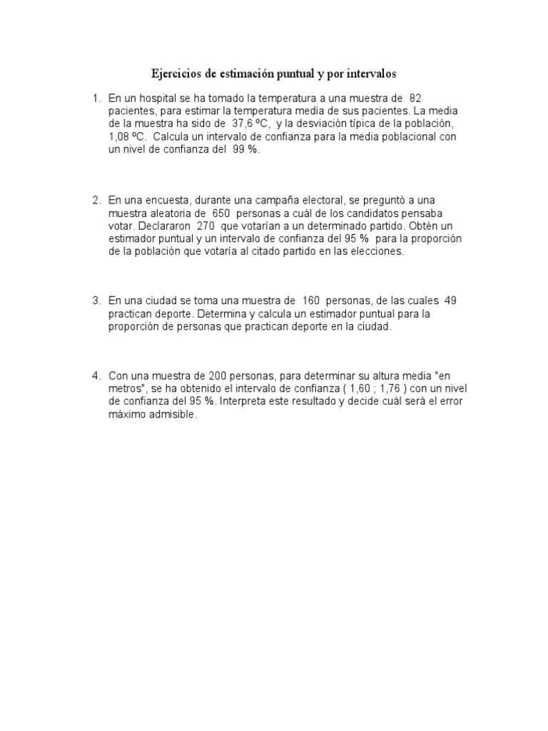 EJERCICIOS de Estimación Puntual y Por Intervalos | PDF