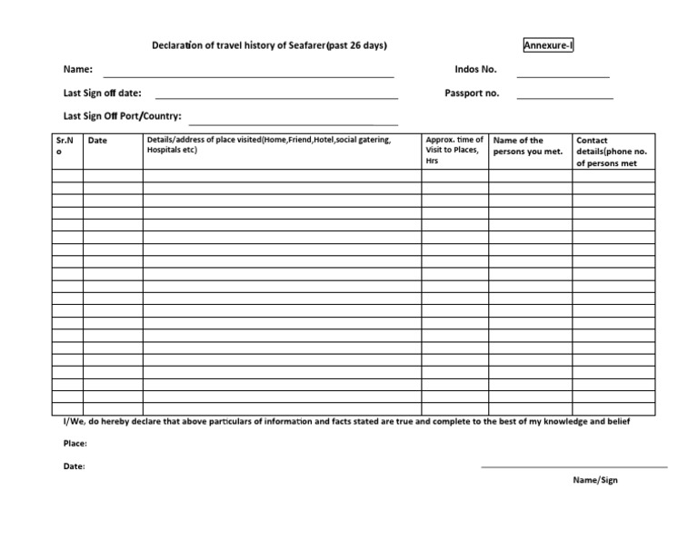 Declaration of Travel History of Seafarer | PDF