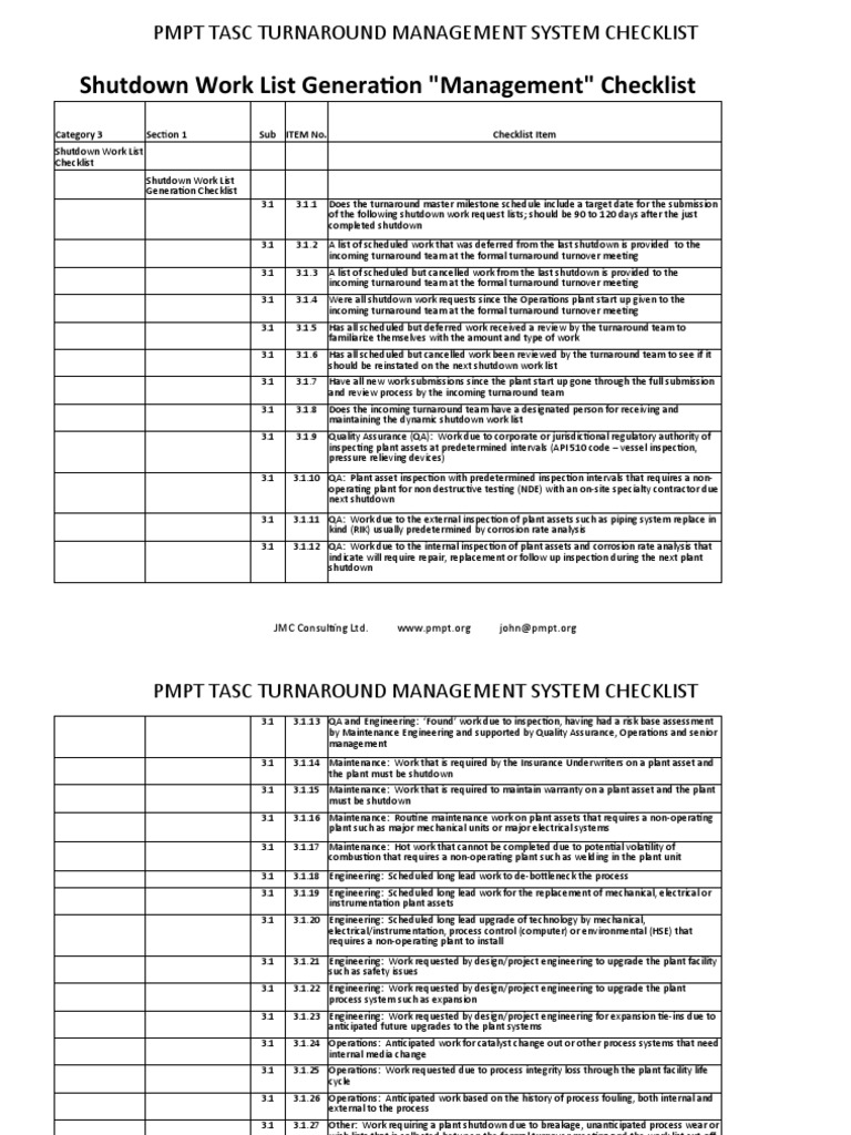 Shutdown Work Checklist Category 3 - 3.1 To 3. 4 | PDF | Quality ...