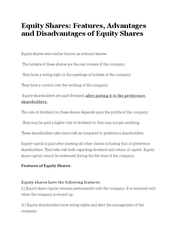 Equity Shares: Features, Advantages and Disadvantages of Equity Shares ...