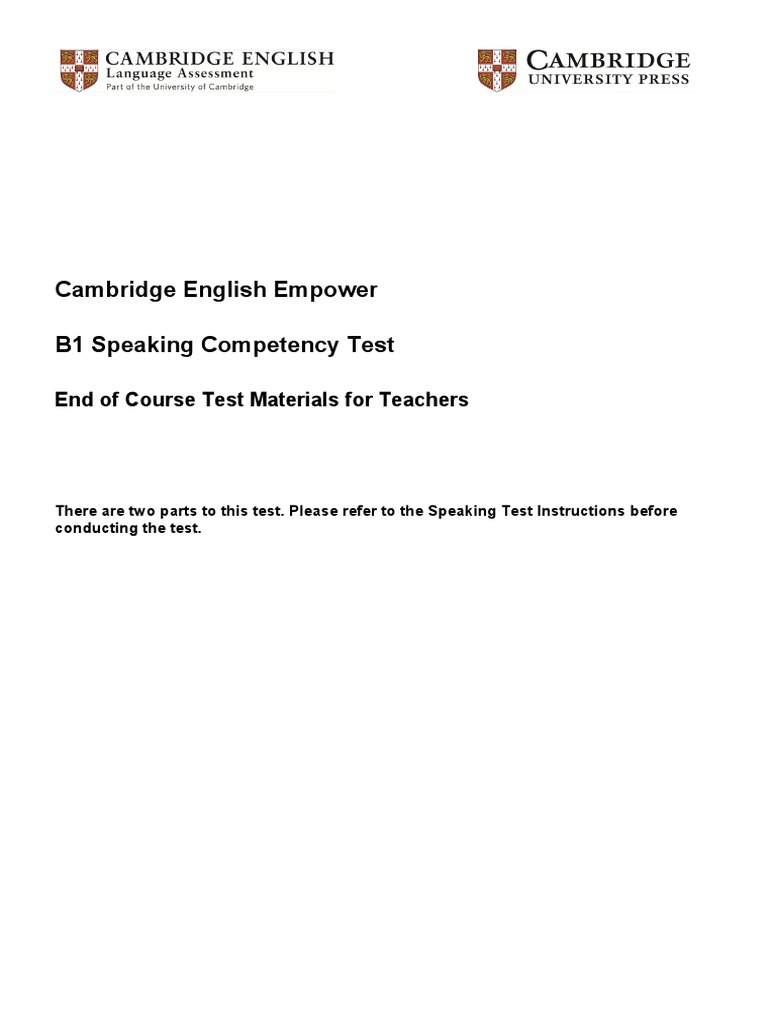 Cambridge English Empower B1 Speaking Competency Test: End of Course ...