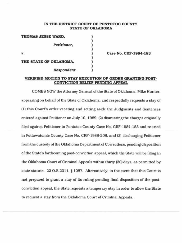 Ward v. State - Verified Motion To Stay Execution of Order Granting ...