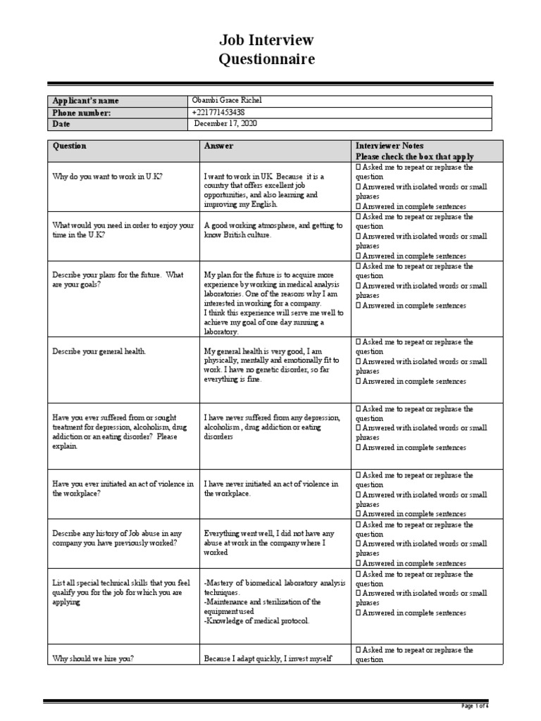 Job Interview Questionnaire | PDF | Vocabulary | English Language