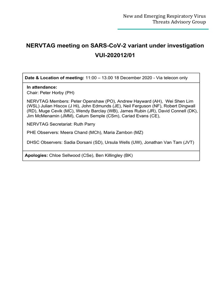 SARS-CoV-2 Variant Under Investigation, NERVTAG Meeting Minutes | PDF ...