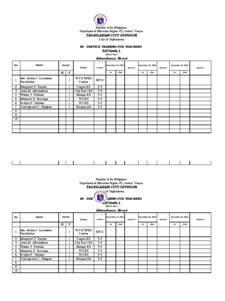 Attendance Sheet For INSET 2020 | PDF | Philippines