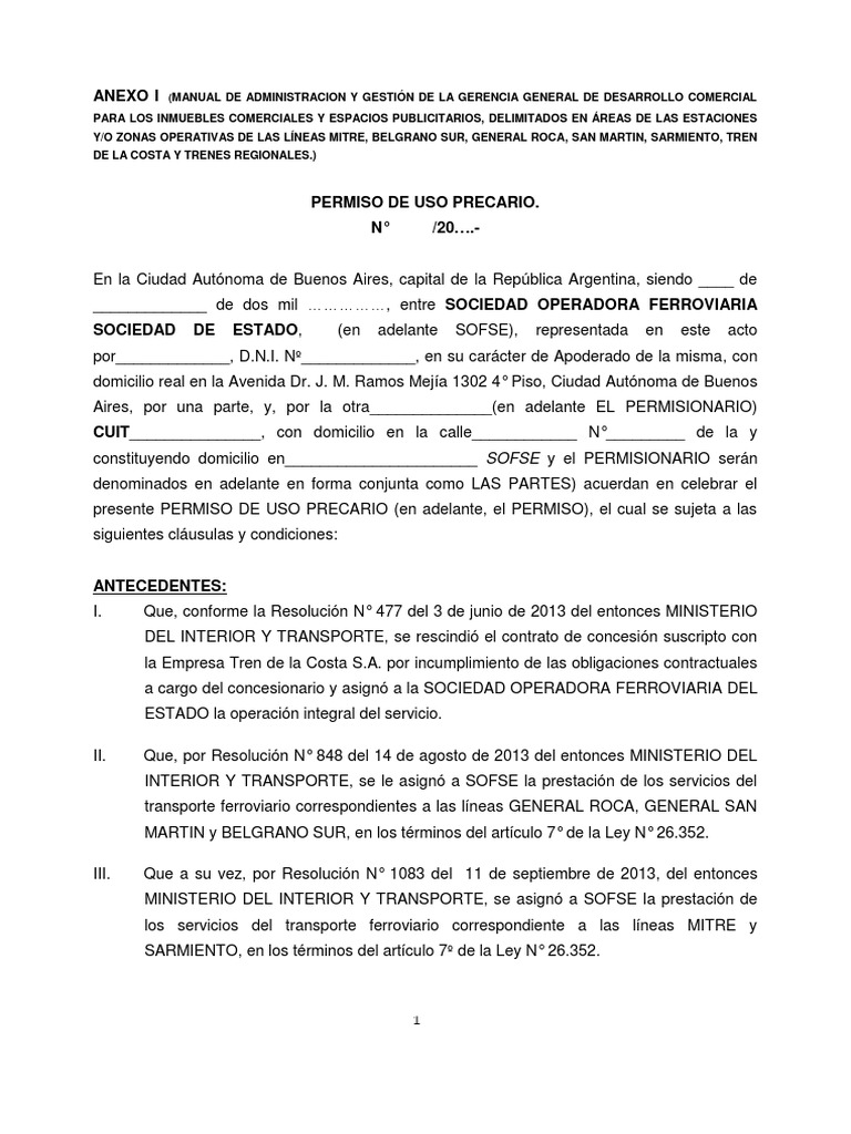 5 - Modelo de Permiso Precario de Uso 0 0 0 | PDF | Póliza de seguros ...