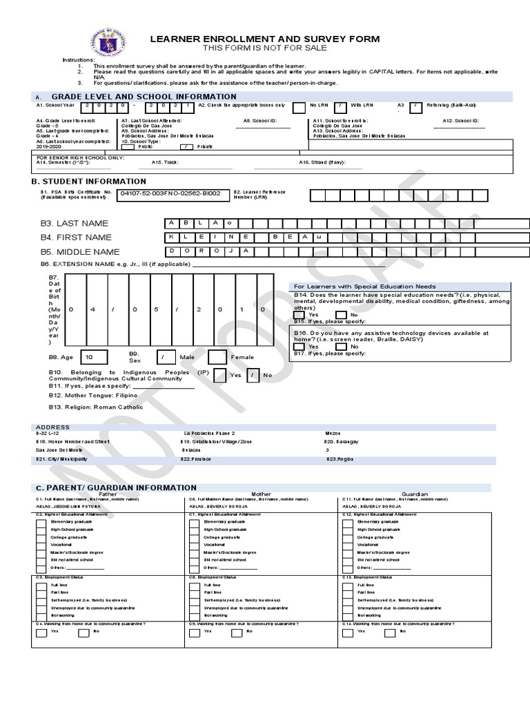 Learner Enrollment Survey Form | PDF | Further Education