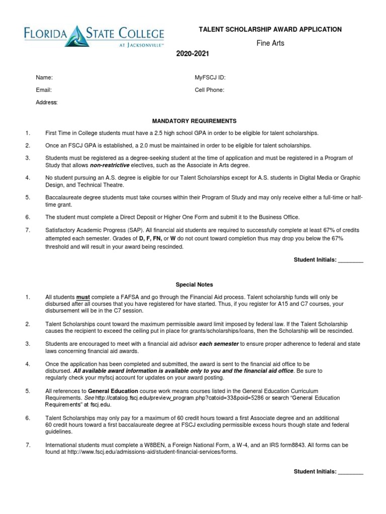 Talent Scholarship Award Application Fillable Template 2020-2021 | PDF ...