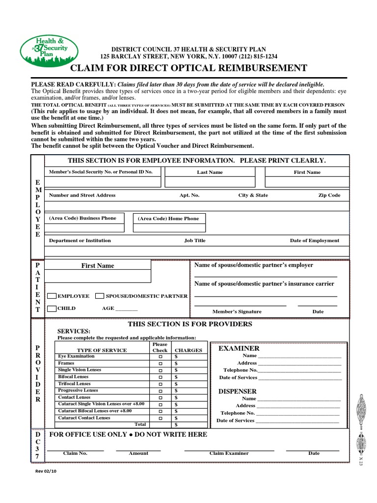 DC37 Optical Reimbursement Claim Form | PDF | Business | Wellness