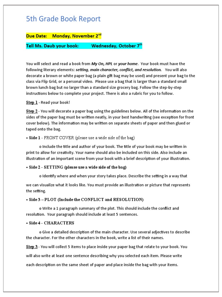 5th Grade Book Report 1 | PDF | Books | Writing