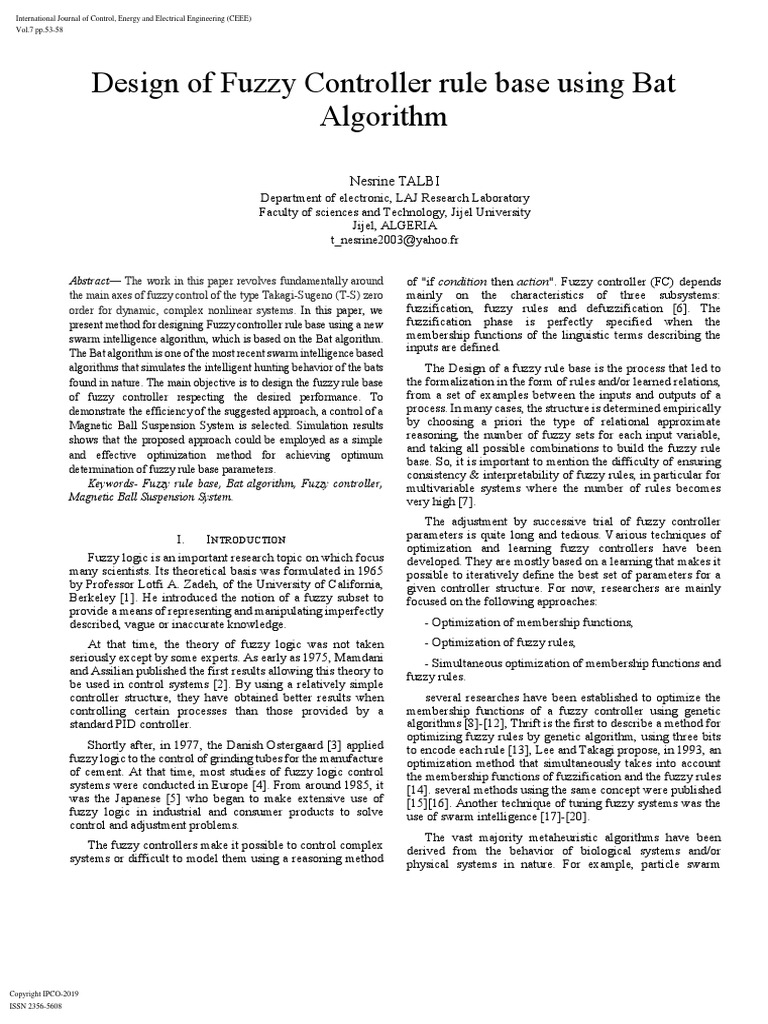 Design of Fuzzy Controller Rule Base Using Bat Algorithm: Nesrine TALBI | PDF | Fuzzy Logic ...