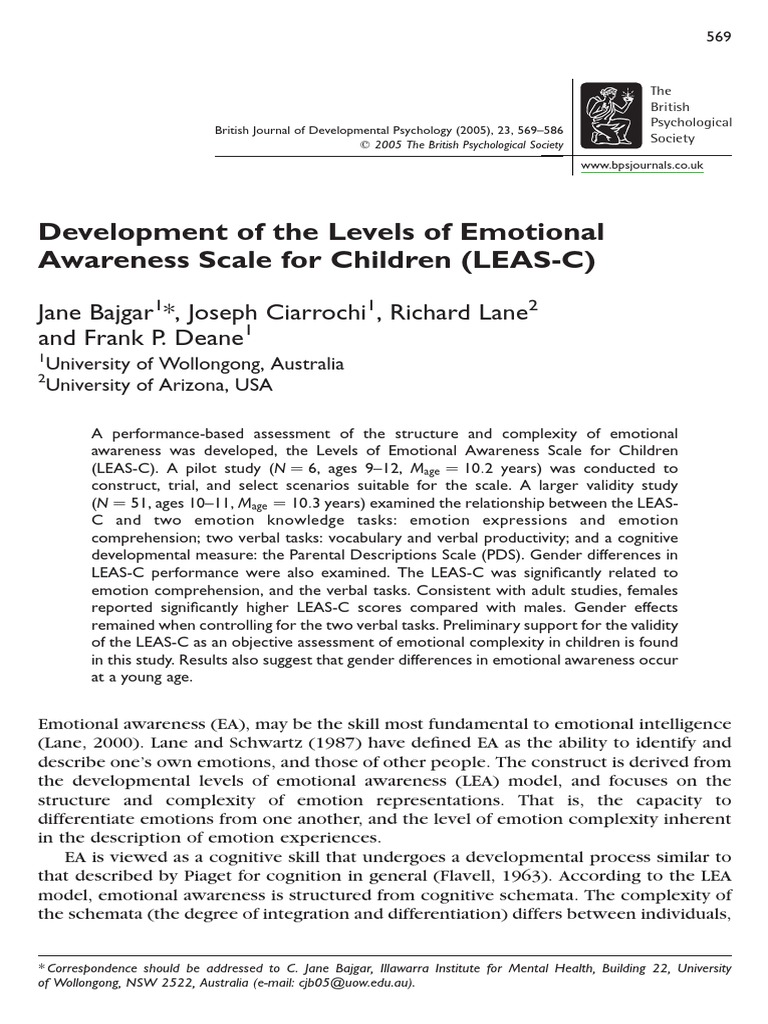Development and Validation of the Levels of Emotional Awareness Scale for Children (LEAS-C): An ...