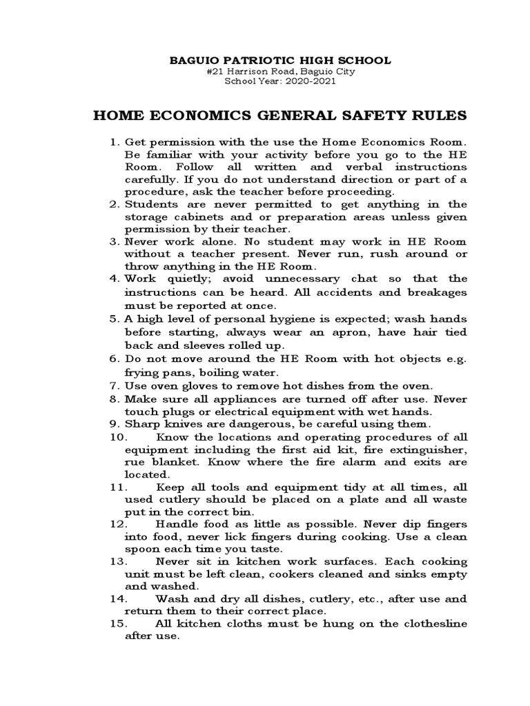 Home Economics Safety Guidelines | PDF