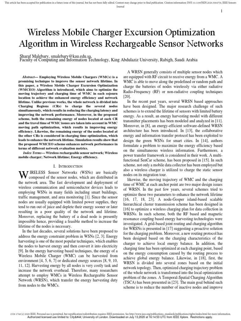 Wireless Mobile Charger Excursion Optimization Algorithm in Wireless Rechargeable Sensor ...