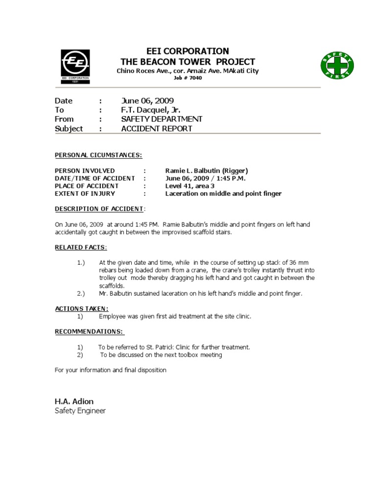 Accident Report Laceration at Left Hand | PDF
