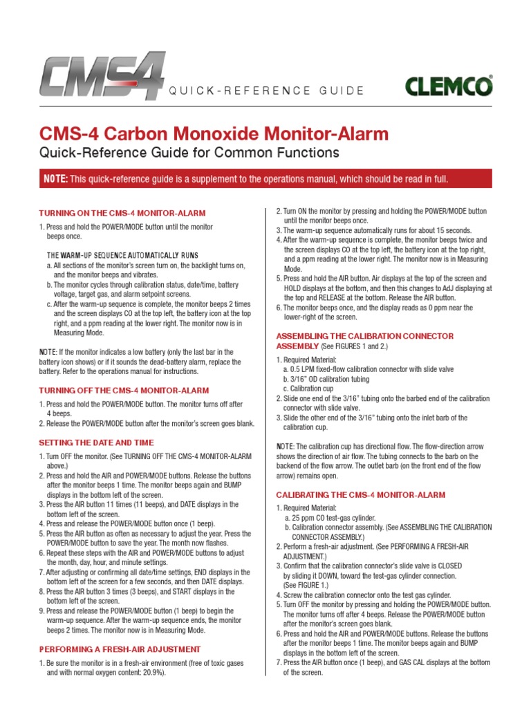 CMS-4 Carbon Monoxide Monitor-Alarm: Quick-Reference Guide For Common ...