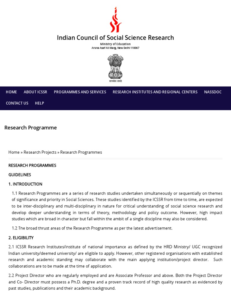 Research Programme - Indian Council of Social Science Research (ICSSR ...