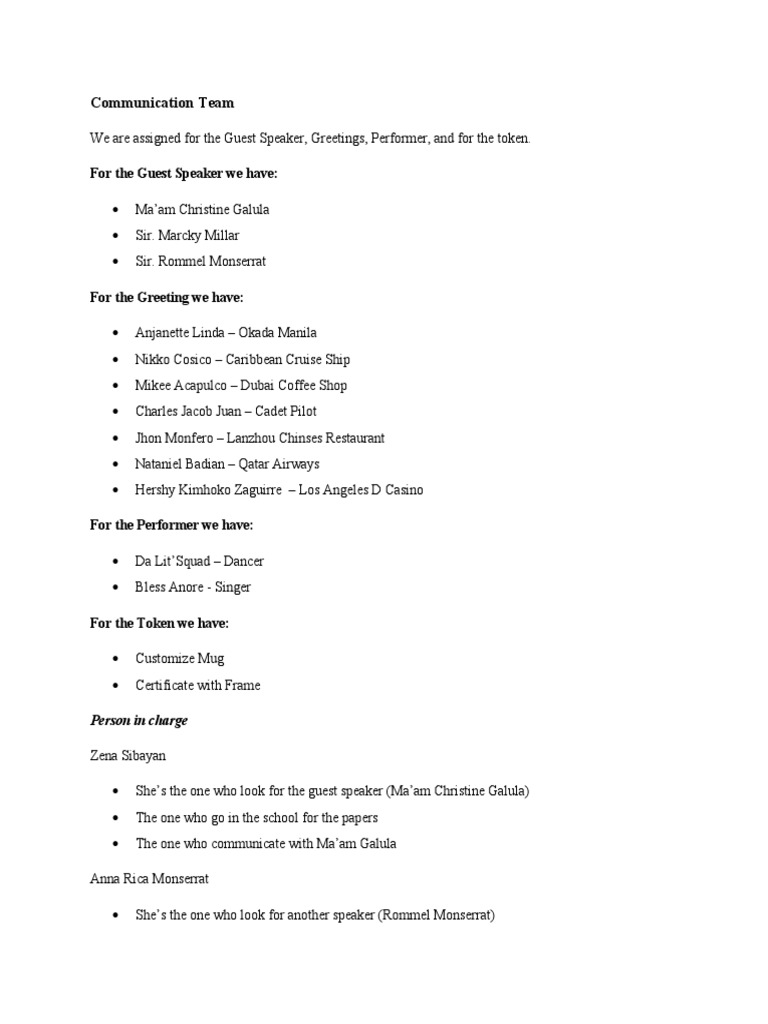 Communication Team Assignments for an Upcoming Event including Guest ...