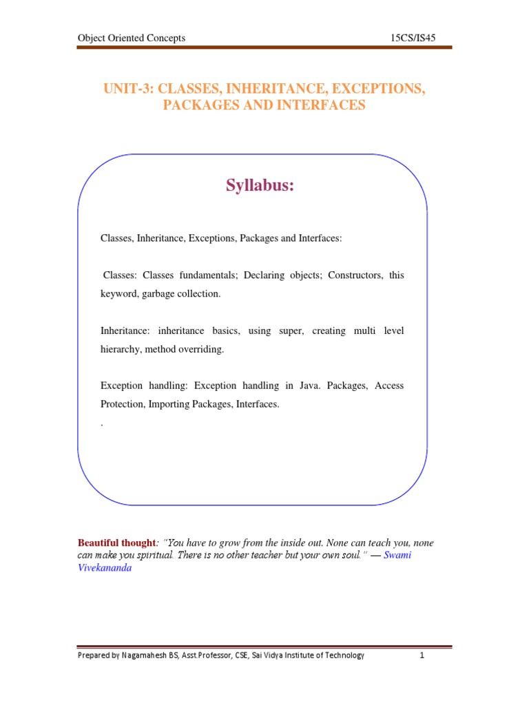 Syllabus:: Unit-3: Classes, Inheritance, Exceptions, Packages and Interfaces | PDF | Inheritance ...