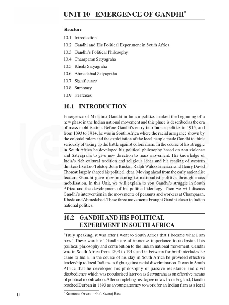 Unit 10 Emergence of Gandhi: Structure | PDF | Mahatma Gandhi | Civil ...