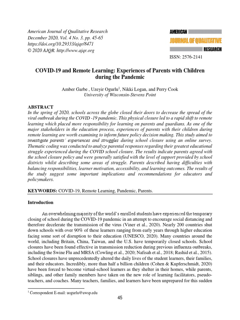 COVID-19 and Remote Learning: Experiences of Parents With Children ...