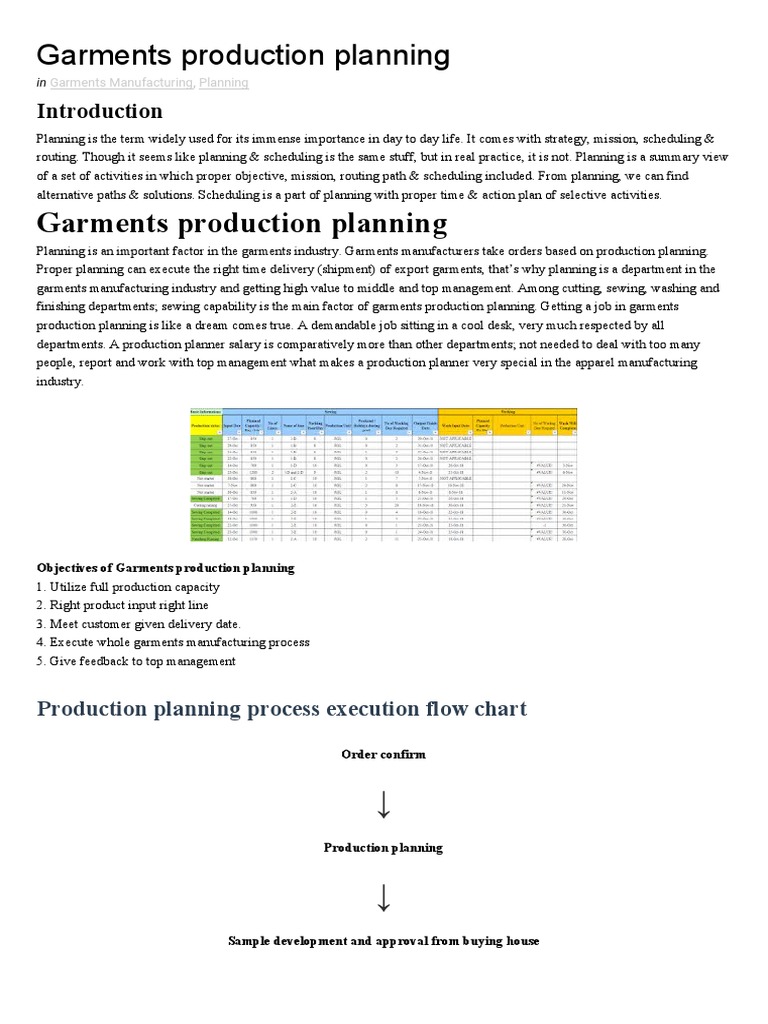 Garment Production Planning Essentials | PDF | Microsoft Excel | Computing