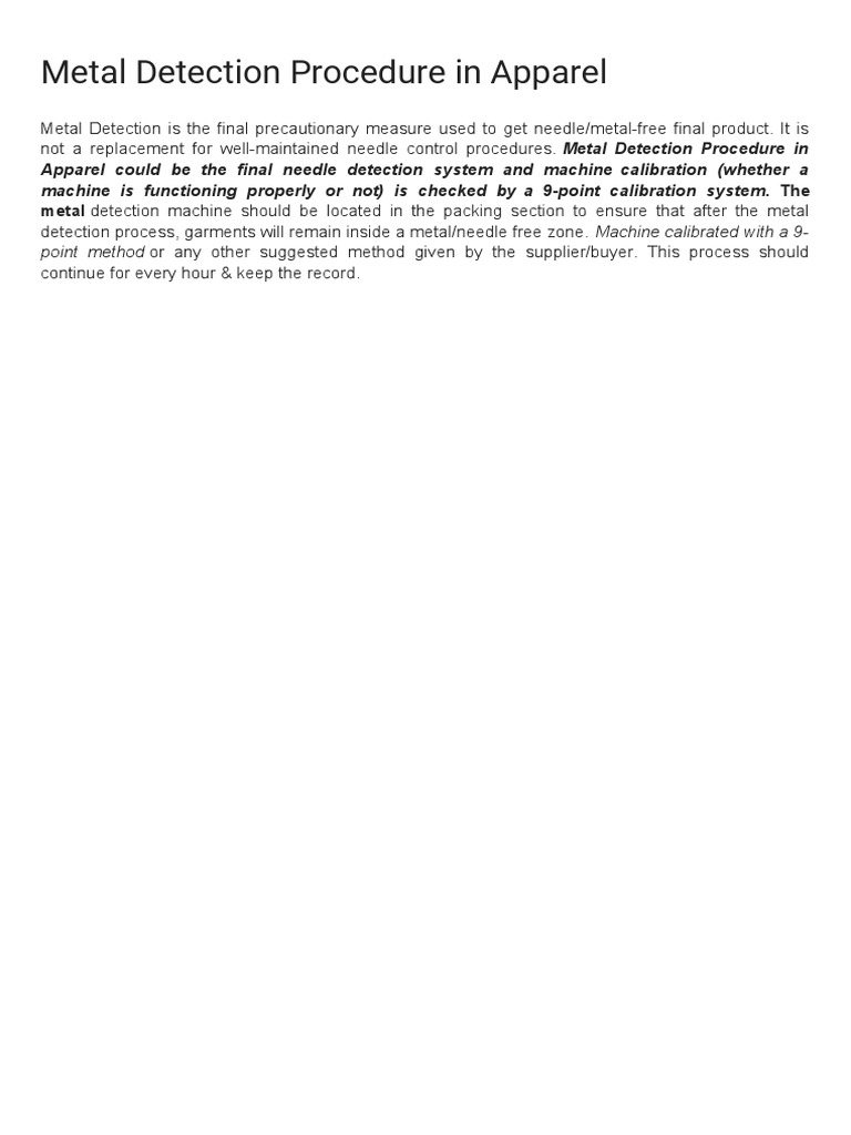 Metal Detection Procedures in Apparel | PDF | Metal Detector | Clothing