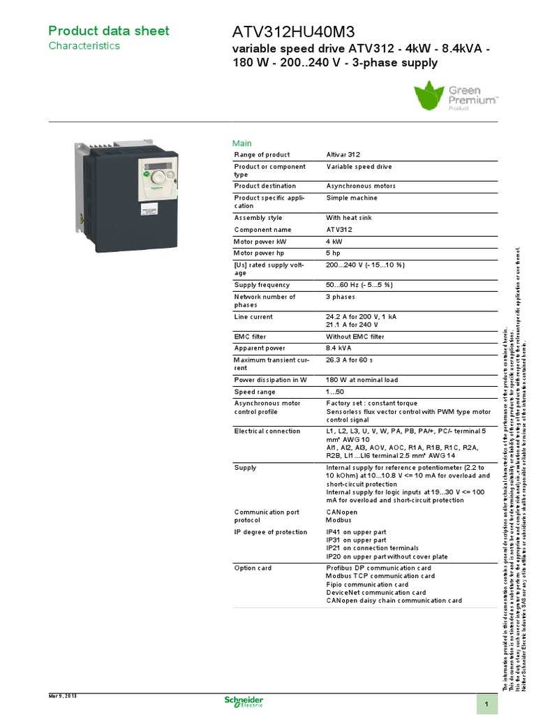 Schneider - Electric ATV312HU40M3 Datasheet PDF | PDF | Electric Motor ...