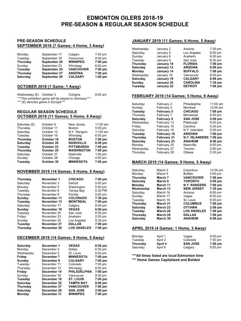 Edmonton Oilers 2018-19 Pre-Season & Regular Season Schedule | PDF ...