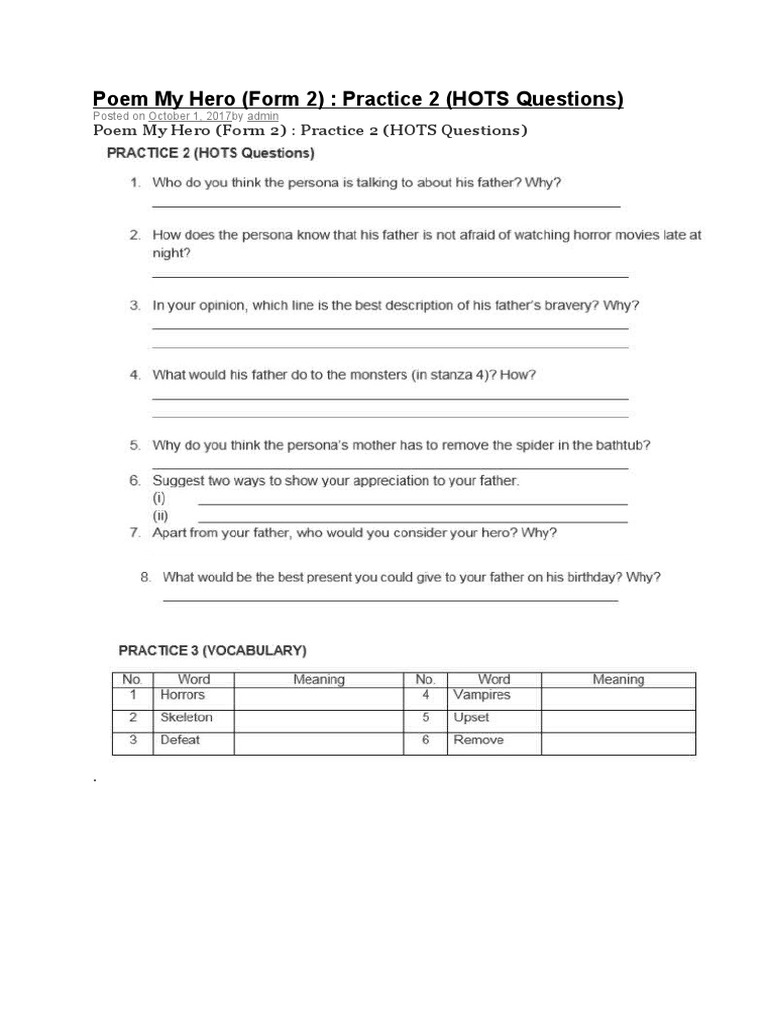 Poem My Hero (Form 2) : Practice 2 (HOTS Questions) | PDF