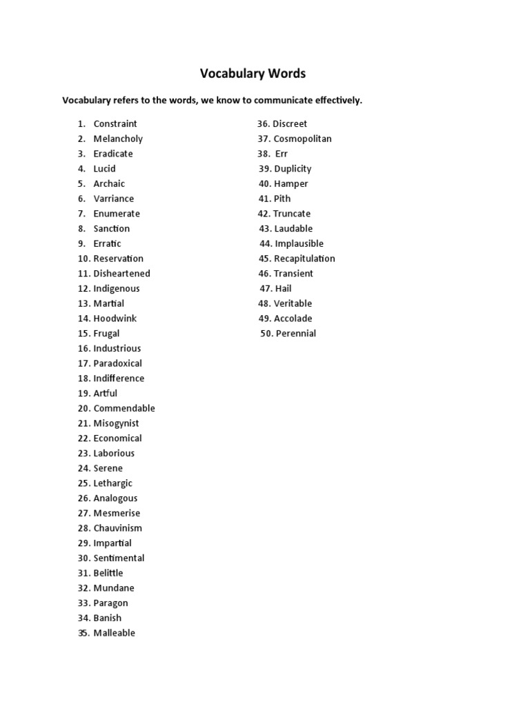 Vocabulary Words: Vocabulary Refers To The Words, We Know To ...