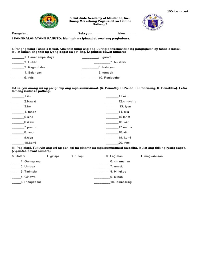 1st Quarter Exam Fil-7 | PDF