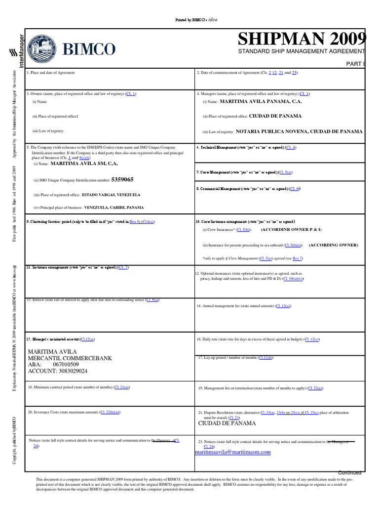 Contrato BIMCO - Forma Modelo - Shipman 2009 | PDF | Insurance | Indemnity