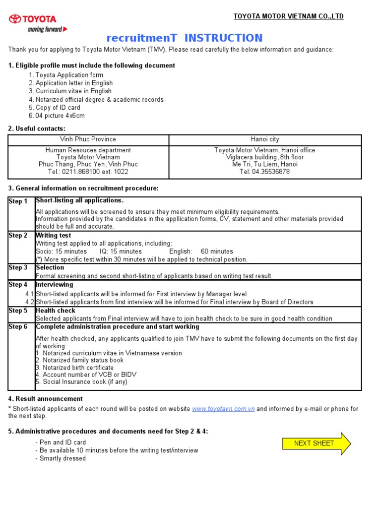 Toyota Vietnam Job Application Guide | PDF | Identity Document | Employment