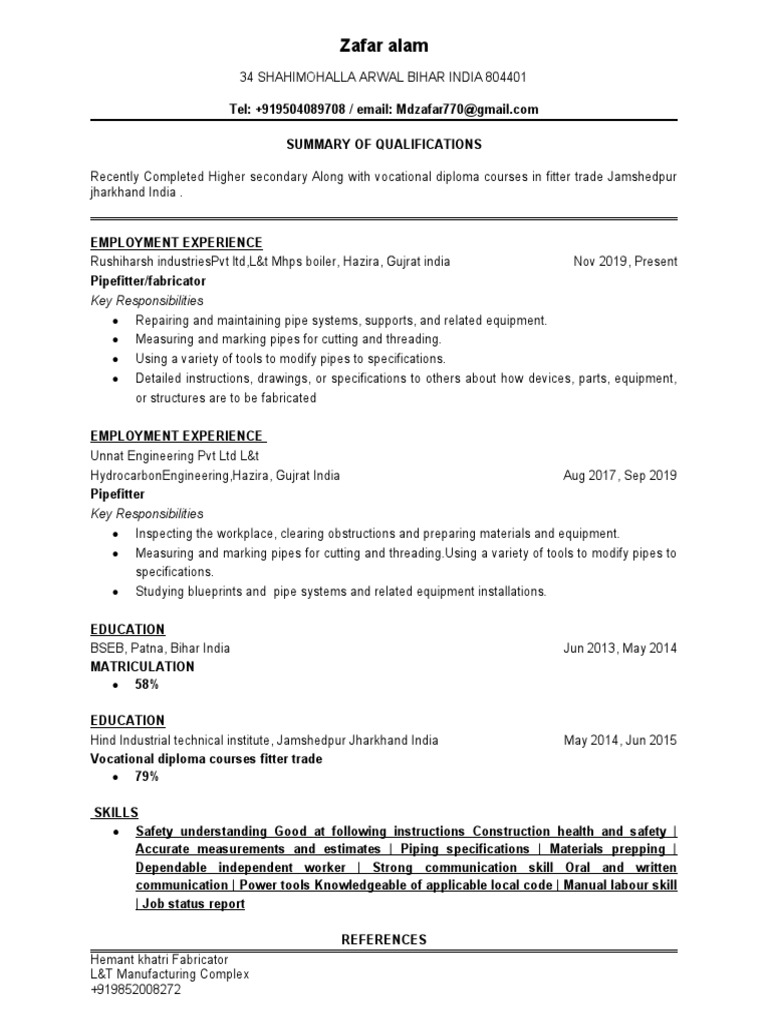 Pipefitter Resume of Zafar Alam | PDF