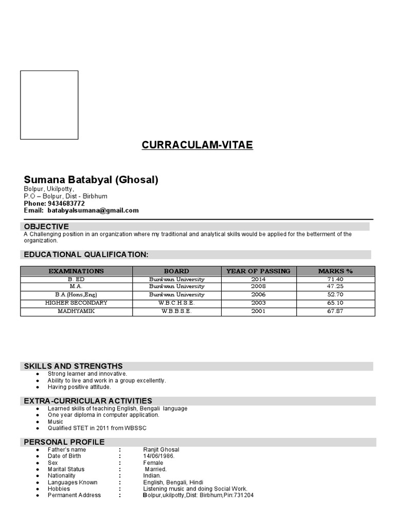 Sumana Batabyal's Curriculum Vitae Highlighting Her Educational Qualifications, Work Experience ...