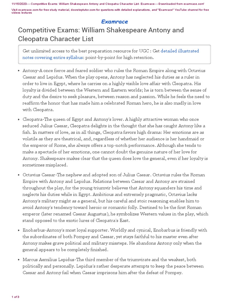 Competitive Exams: William Shakespeare Antony and Cleopatra Character ...