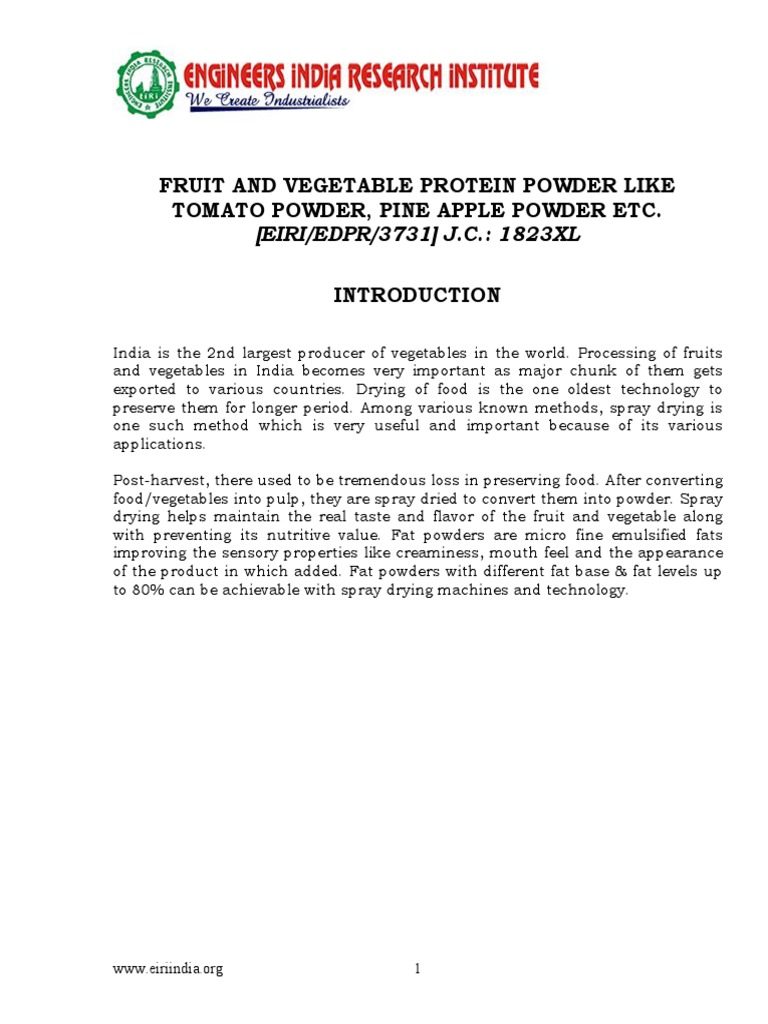 Project Report On Fruit and Vegetable Protein Powder Like Tomato Powder ...