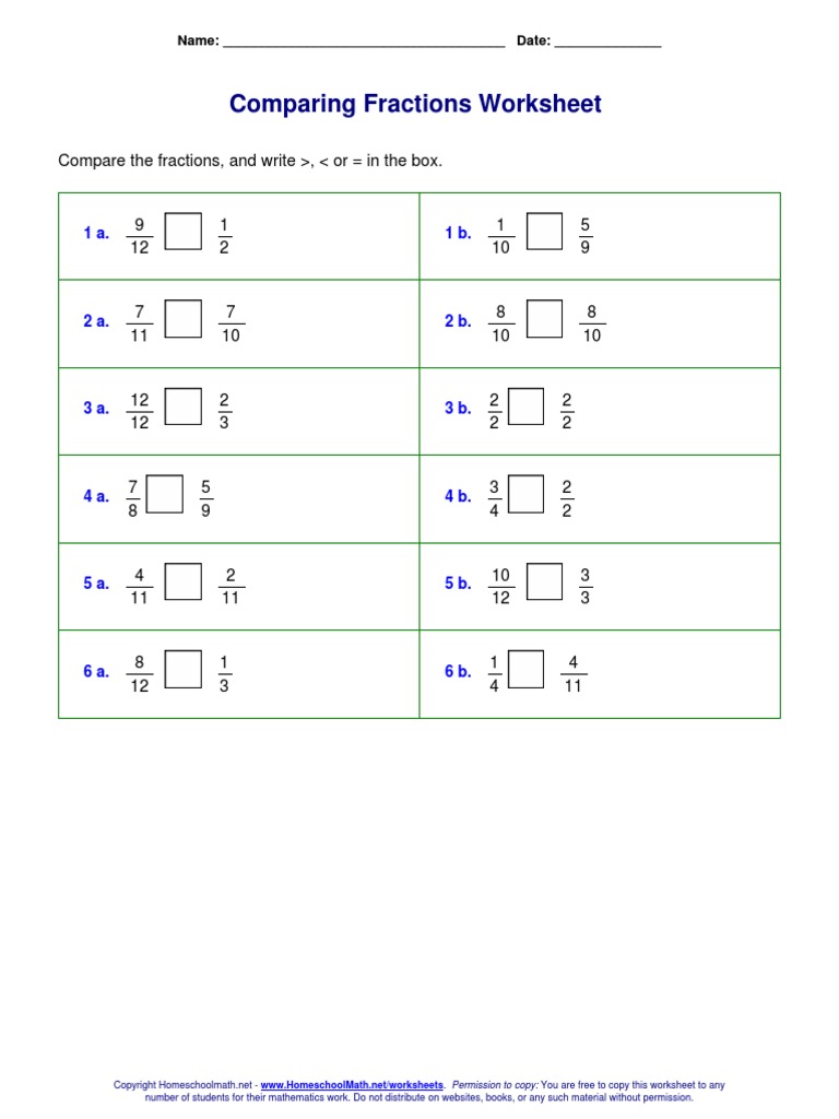 Comparing Fractions Worksheet: Compare The Fractions, and Write, or in ...