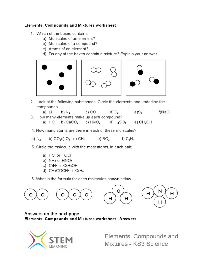 Worksheet Elements Compounds Mixtures ks3 | PDF | Chemical Compounds ...