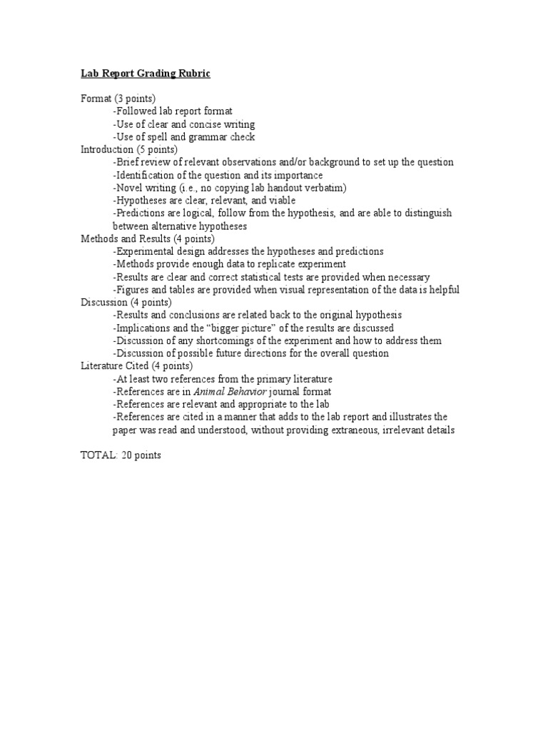 Lab Report Grading Rubric | PDF | Hypothesis | Statistical Hypothesis ...